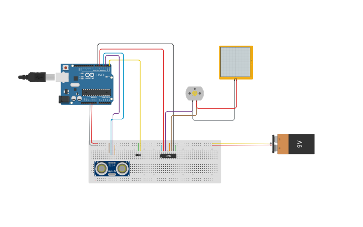 Circuit design D_123120020_NABILA PUTRI_MODUL5_SENSOR JARAK - Tinkercad Circuit design D_123120020_NABILA PUTRI_MODUL5_SENSOR JARAK - Tinkercad