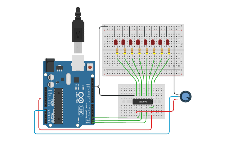Circuit design №007 Arduino: и 74HC595 управление скоростью бегущей строки - Tinkercad
