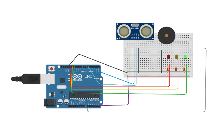Circuit design Sensor de distancia con sonido - Tinkercad