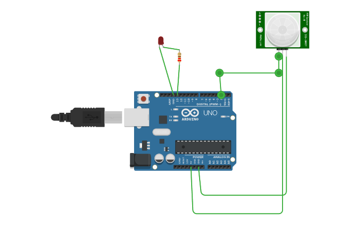 Circuit design PIR y led - Tinkercad
