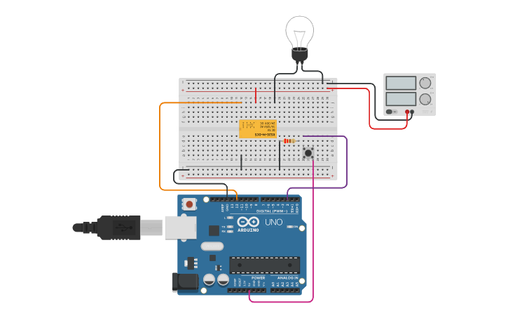 Circuit design Lâmpada ligando com um botão e um relê - Tinkercad