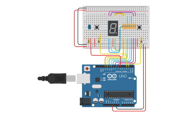 Circuit design Contador de sete seguimentos com botoes | Tinkercad Circuit design Contador de sete seguimentos com botoes | Tinkercad