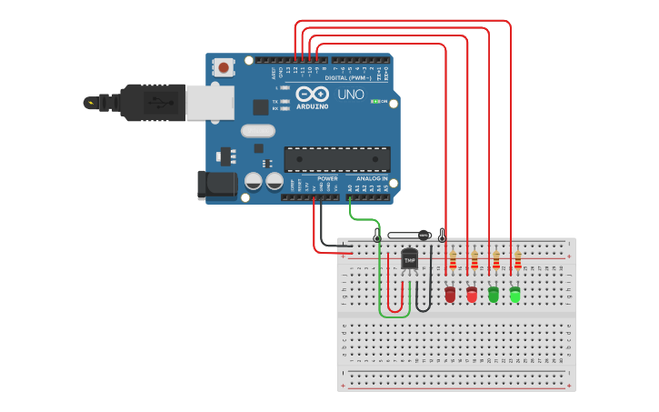 Circuit design TEMP sensor 4 LED groep 1 | Tinkercad
