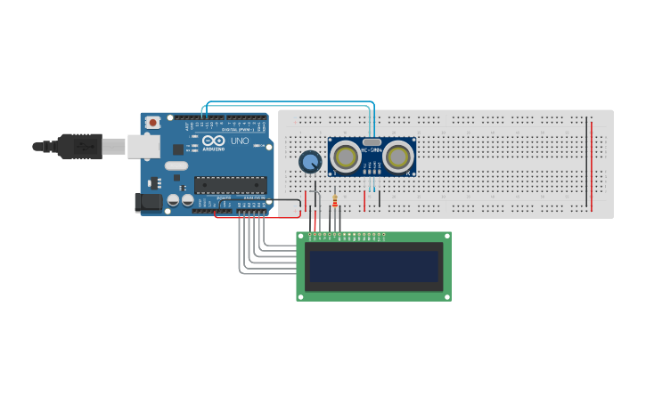 Circuit design LCD and Ultrasound proximity sensor | Tinkercad