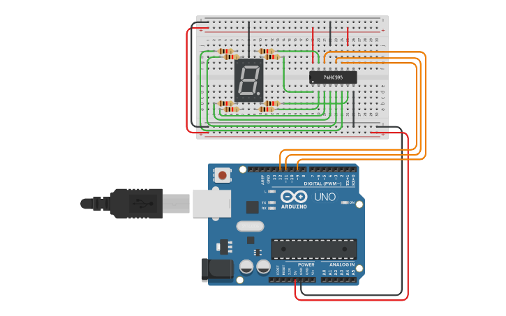 Circuit design Practica 25 Led 7 segments Xip 74HC595 V2 - Tinkercad