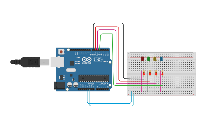 Circuit design 4 leds - Tinkercad