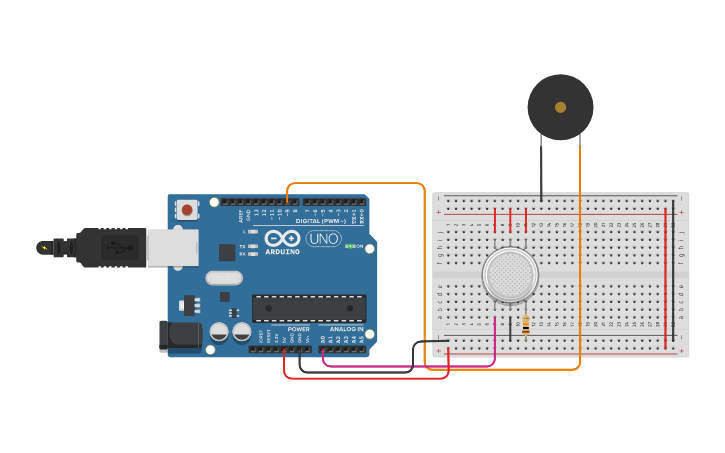 Circuit design GAS SENSOR WITH BUZZER - Tinkercad