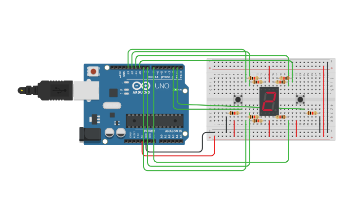 Circuit design Display 7 segmenti con bottoni - Tinkercad