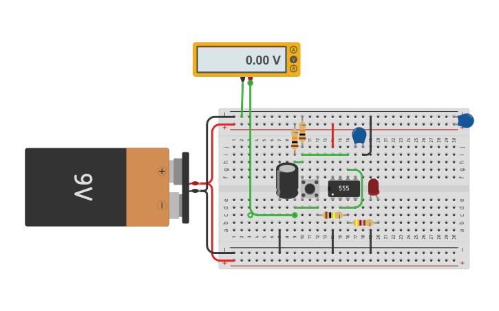 Circuit design Switch LED with one button | Tinkercad