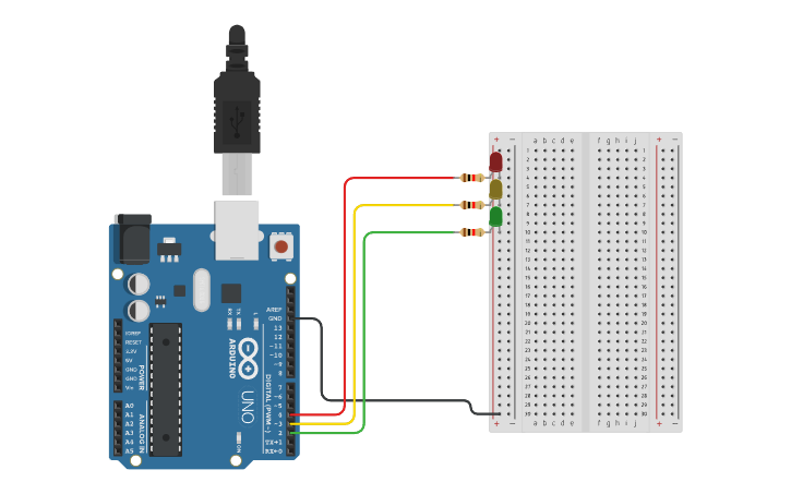 Circuit design LED traffic light - Tinkercad