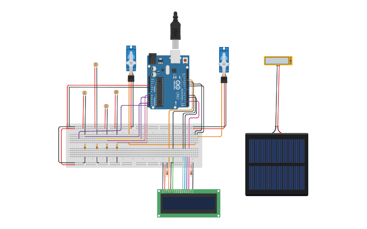 Circuit design Painel Solar com 2 Motores Servos e 4 Sensores LDR - Tinkercad