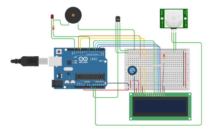 Circuit design 9th Arduino Project: Temp and PIR Sensor - Tinkercad