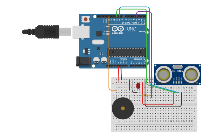 Circuit design Sensor ultrasonido con bocina - Tinkercad