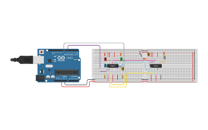 Circuit design Atividade Integração 3 - Arduino 7474 duplo com shiftOut ...