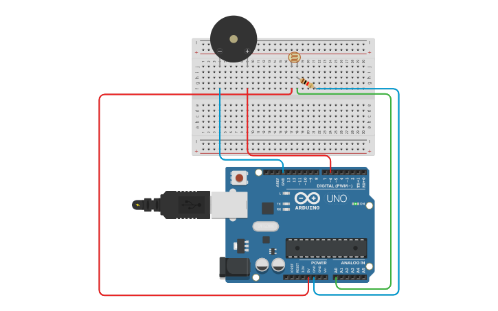 Circuit design LDR & Buzzer with Arduino - Tinkercad