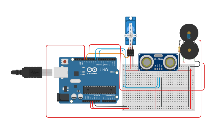 Circuit design Ultrasonic+buzzer+led (Miki_038) | Tinkercad