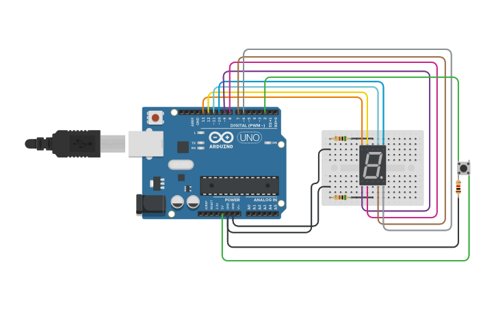 Circuit design APSC160 - Arduino 7 segment display w/ pushbutton - Tinkercad