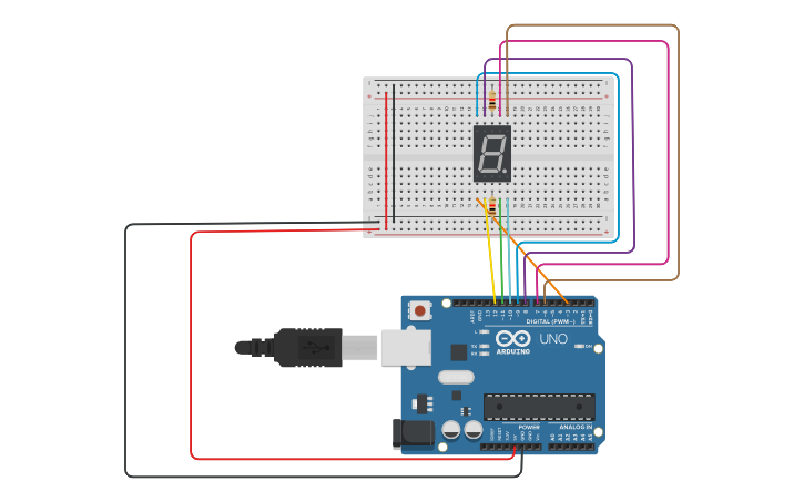 Circuit design Display 7 Segmentos | Tinkercad
