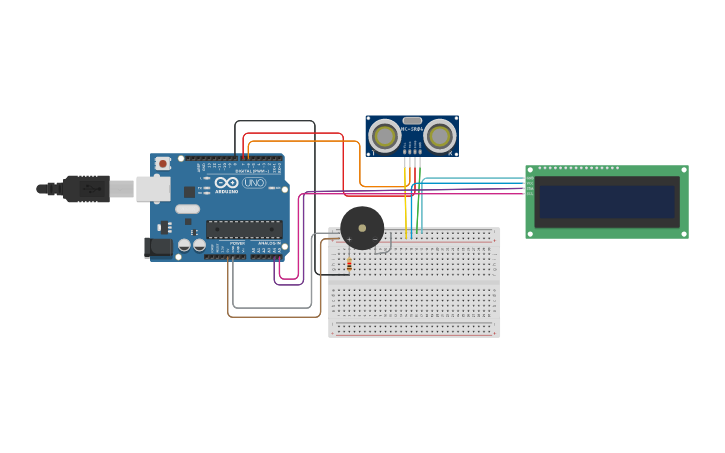 Circuit design ULTRASONIC LCD BUZZER - Tinkercad