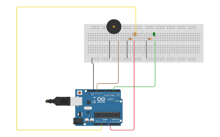 Circuit design LED LDR BUZZER - Tinkercad