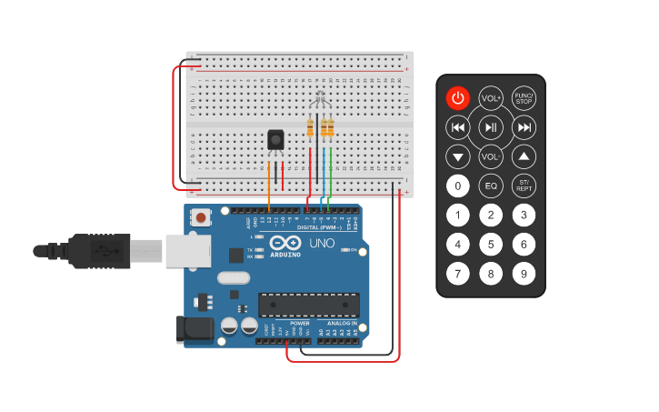 Circuit design Control de LED RGB por control remoto IR | Tinkercad