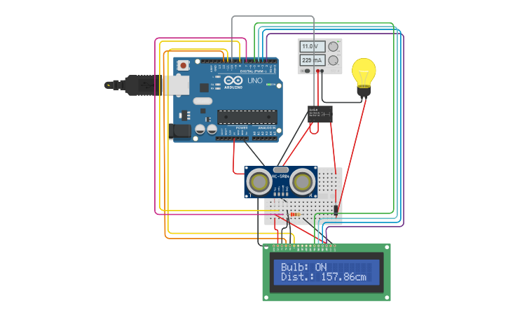 Circuit design Sensor HC-SR04 connected to bulb - Tinkercad