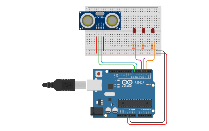 Circuit design Sexto proyecto de arduino sensor ultrasónico - Tinkercad