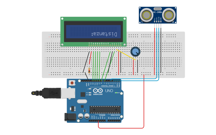 Circuit design Sensore ultrasuoni LCD - Tinkercad