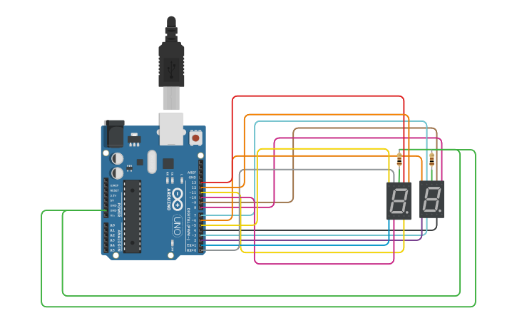 Circuit design Display de 7 Segmentos (X2) | Tinkercad