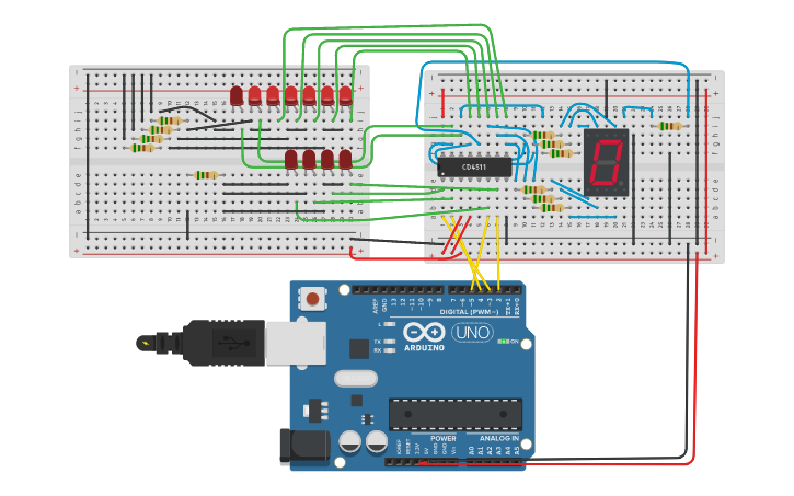 Circuit design 7-segment decoder chip with debug LEDs | Tinkercad