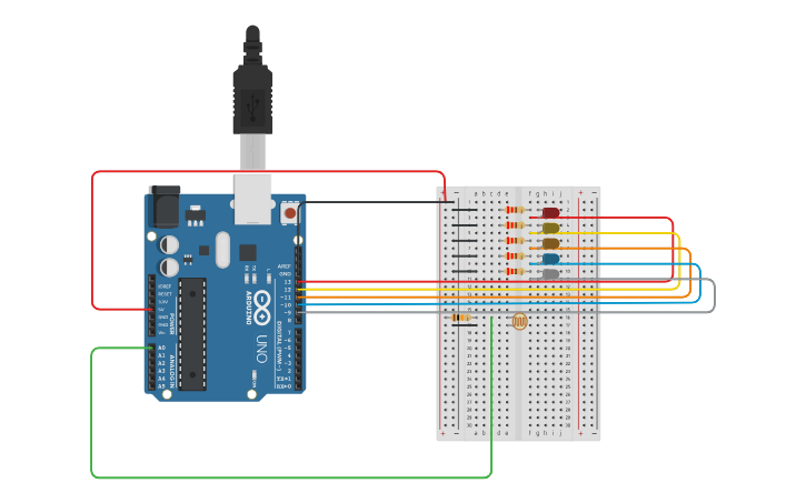 Circuit design Encendido de leds con fotorresistencia - Tinkercad