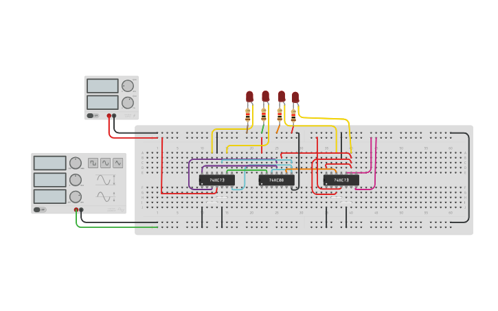 Circuit design 4 bit synchronous up counter using JK flip flops - Tinkercad