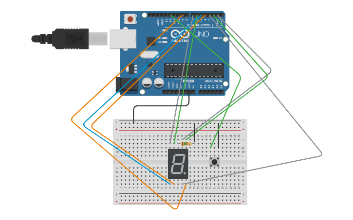 Circuit design Dado eletrônico com Arduino - Tinkercad