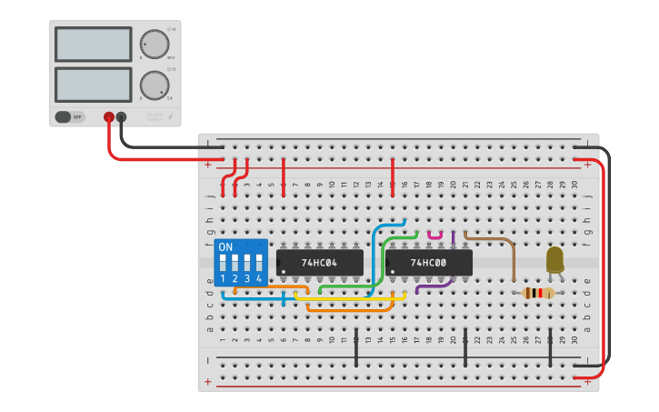 Circuit design Porta XOR utilizando NAND(7400) e NOT(7404) - Tinkercad