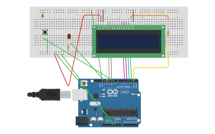 Circuit design LCD Display with LED and Pushbutton - Tinkercad Circuit design LCD Display with LED and Pushbutton - Tinkercad