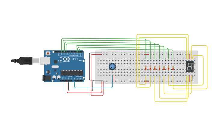 Circuit design Practica potenciometro con led de 7 segmentos - Tinkercad