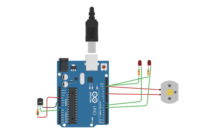 Circuit Design Temp Sensor Control Fan Tinkercad