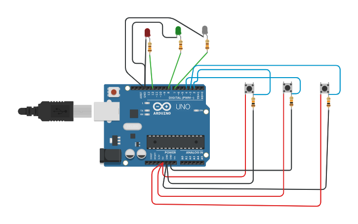 Circuit design 3 LED + 3 PULSADORES INDEPENDIENTES - Tinkercad
