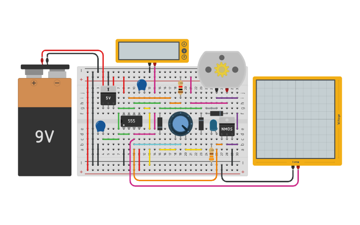 Circuit design PWM with 555 and NMOS and 5volt regolator and motor - Tinkercad