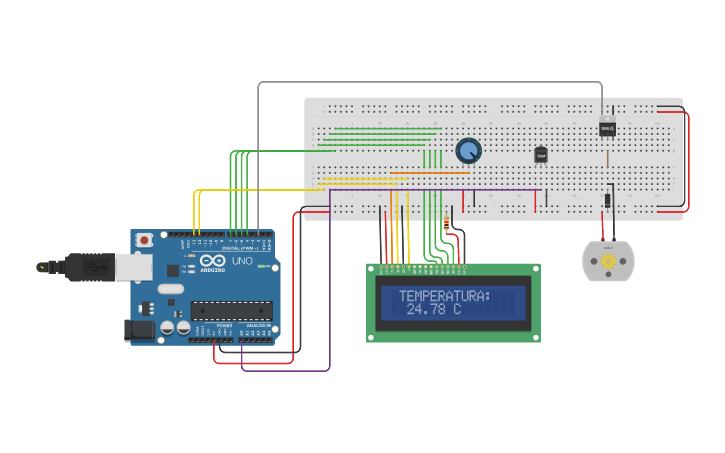Circuit design Sensor de temperatura, LCD y motor | Tinkercad