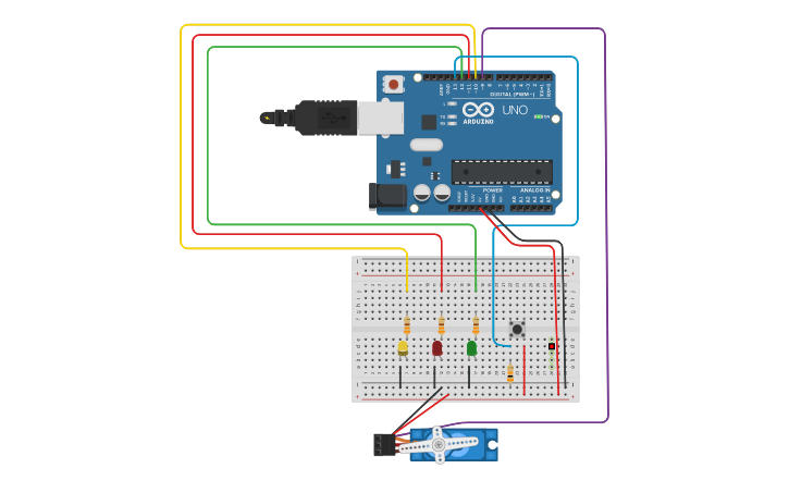 Circuit design Control 3 Led & servo with button - Tinkercad