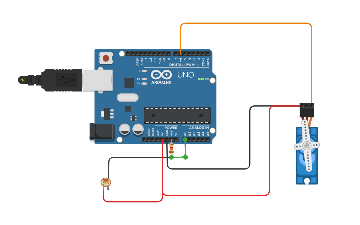 Circuit design Servo with light sensor - Tinkercad