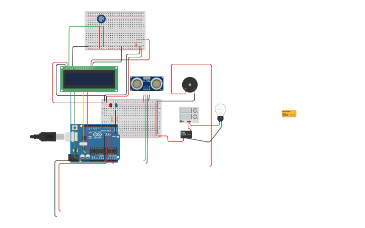 Circuit design Sensor ultrasónico con buzzer y LCD - Tinkercad