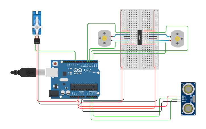 Circuit design Automatic car with ultrasonic sensor - Tinkercad