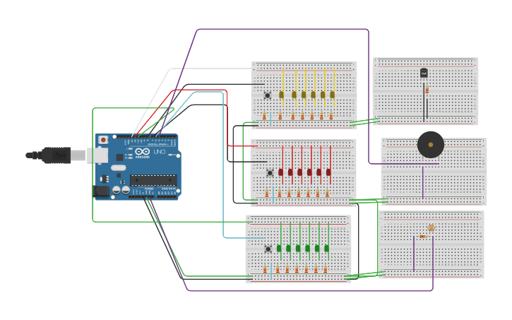 Circuit design circuito 18 leds y tres pulsadores | Tinkercad