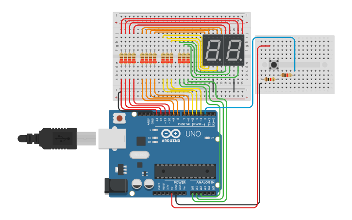 Circuit Design 2 Display A 7 Segmenti Contatore Fino A 99 Con Pulsante Tinkercad