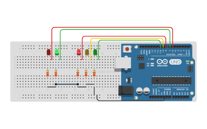 Circuit design 5 - Semáforo para tráfico rodado y peatones - Tinkercad