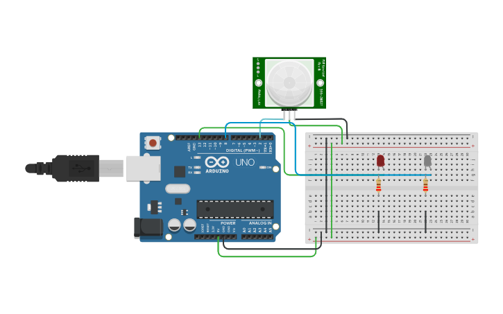 Circuit design MULTIPLE SENSOR - PIR ULTRASONIC - Tinkercad