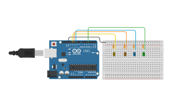 Circuit design SECUENCIA DE LED CON VARIABLES | Tinkercad