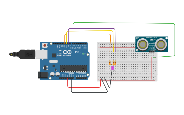 Circuit design Ultrasonic sensor and RGB LED | Tinkercad